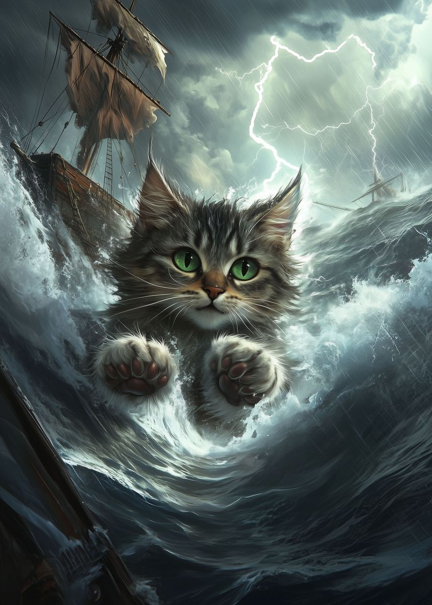 'Monster Cat in the sea' Poster, picture, metal print, paint by ...