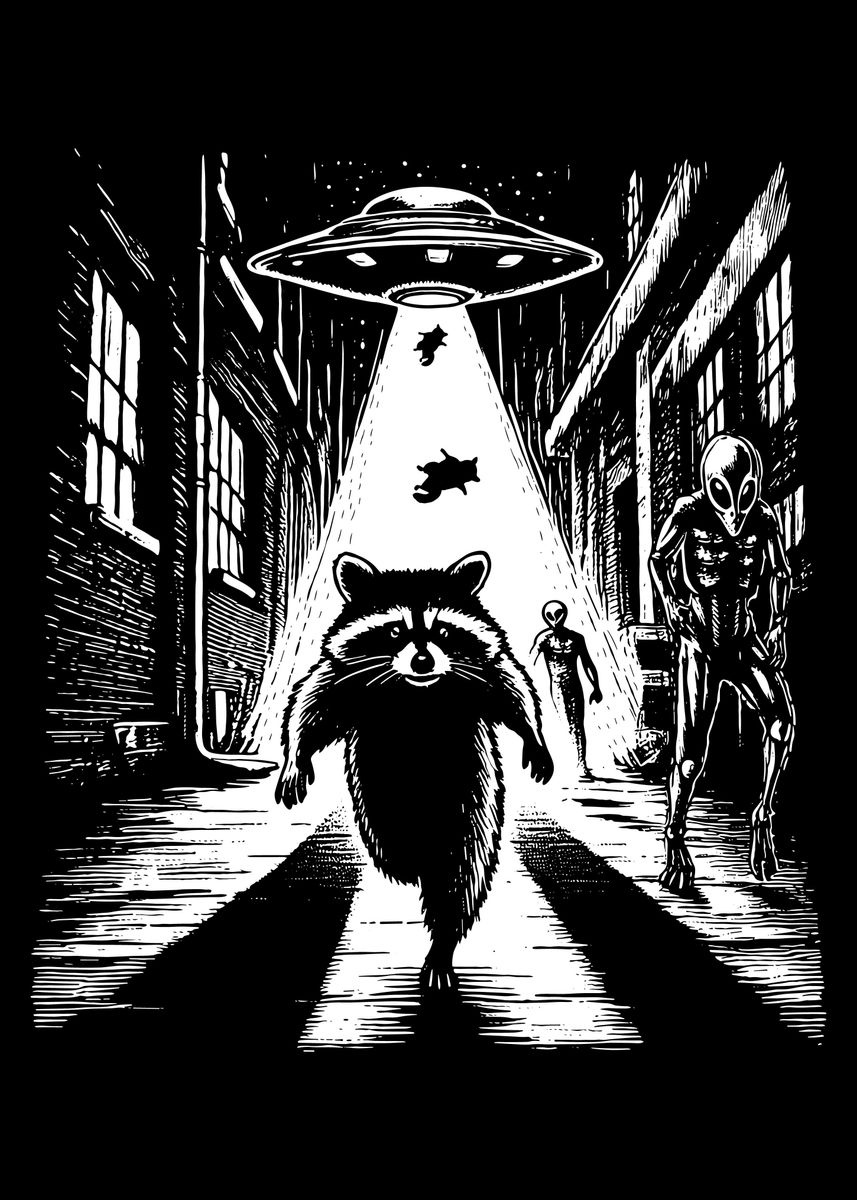 'Funny Alien Raccoon UFO' Poster, picture, metal print, paint by ...
