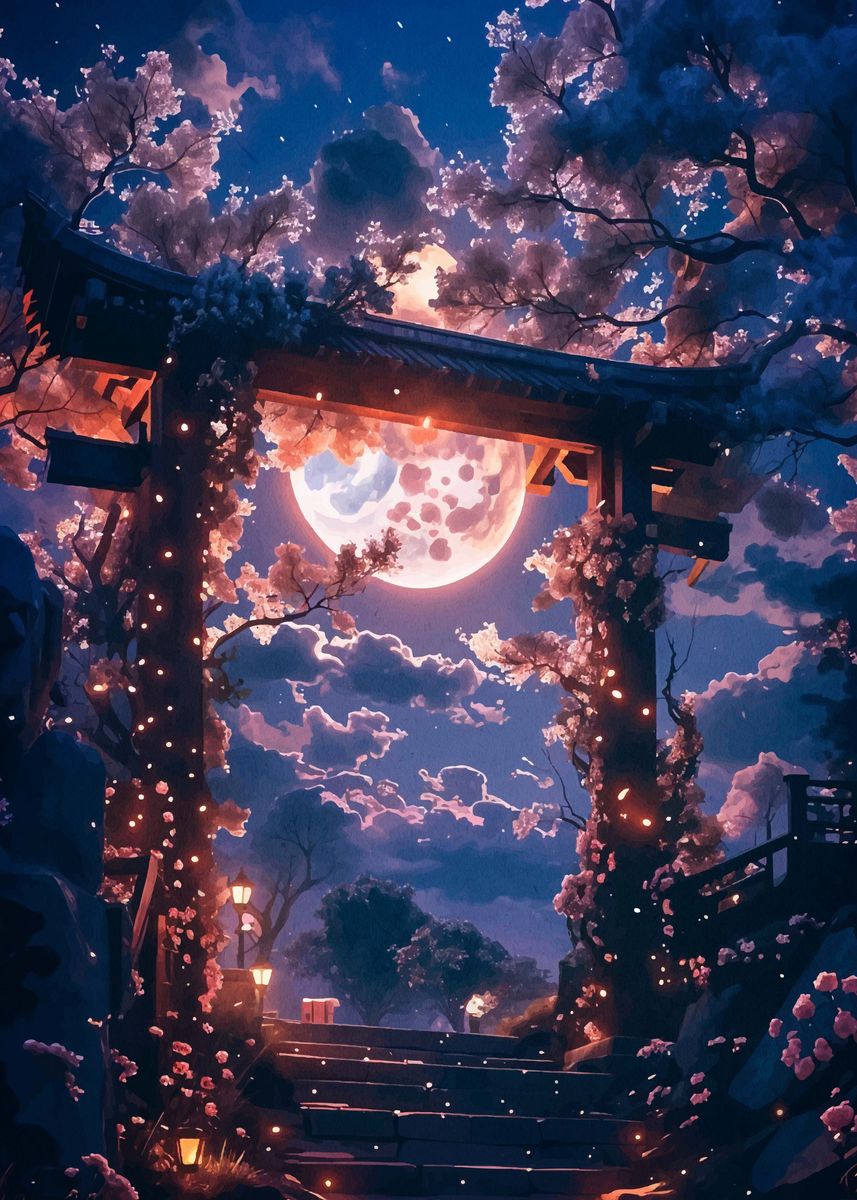'sakura japanese moon night' Poster, picture, metal print, paint by ...