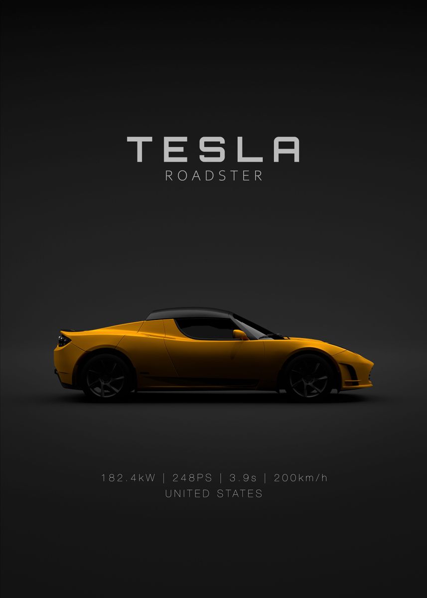 'Tesla Roadster Yellow Spec' Poster, picture, metal print, paint by 21 ...