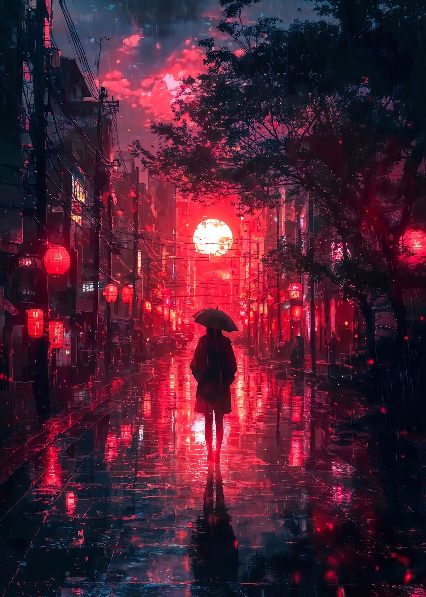 'Red Moonlit Night' Poster, picture, metal print, paint by Hako | Displate