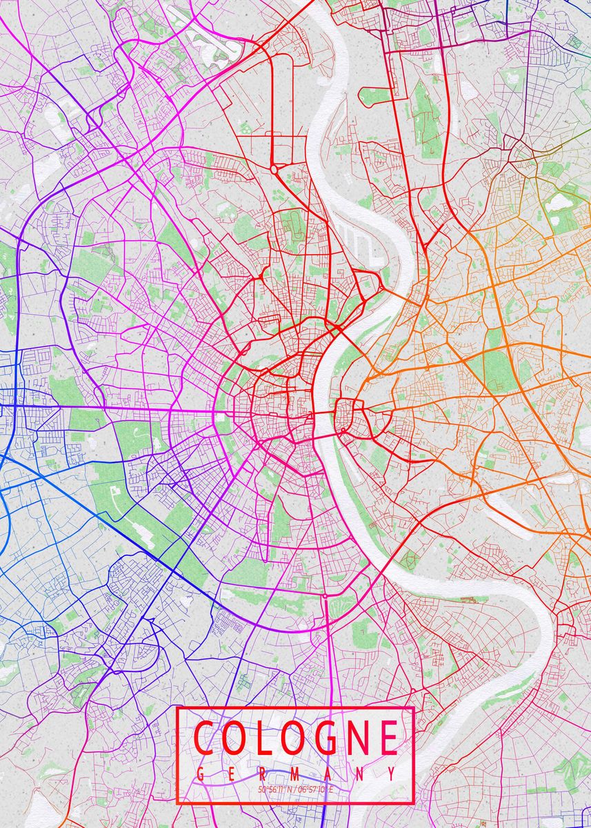 'Cologne City Map Colorful' Poster, picture, metal print, paint by ...
