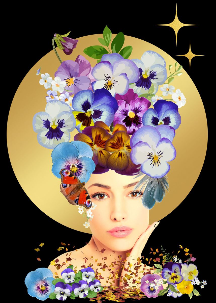 'Woman face with violets' Poster, picture, metal print, paint by ...