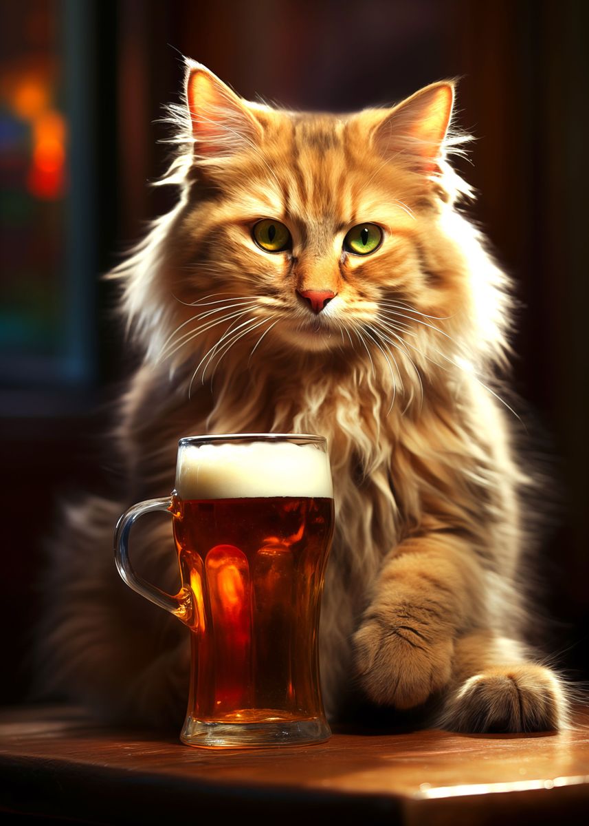 'Cat Drinks Beer' Poster, picture, metal print, paint by Elysian ...