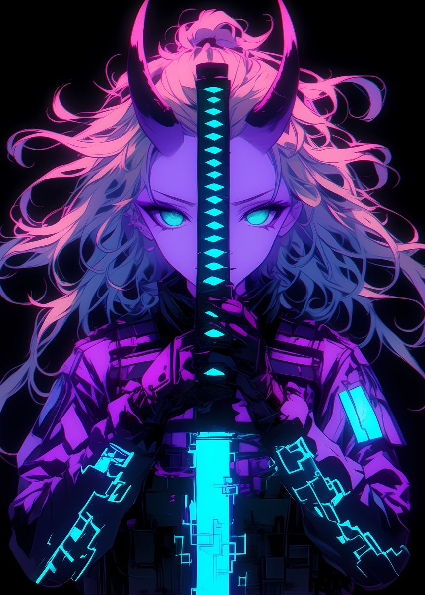 'Neon Cyber Oni Warrior' Poster, picture, metal print, paint by Melvina ...