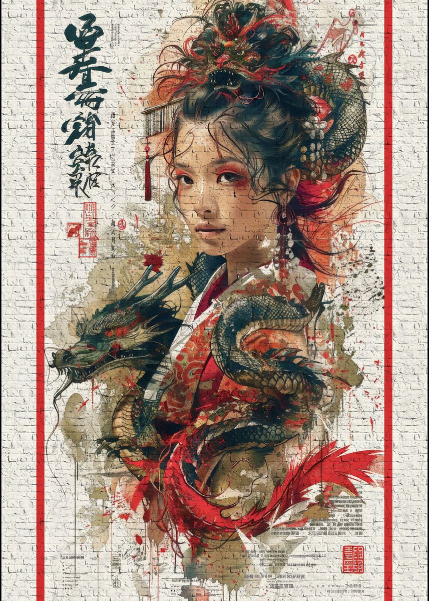 'Retro geisha dragon' Poster, picture, metal print, paint by Japanese ...