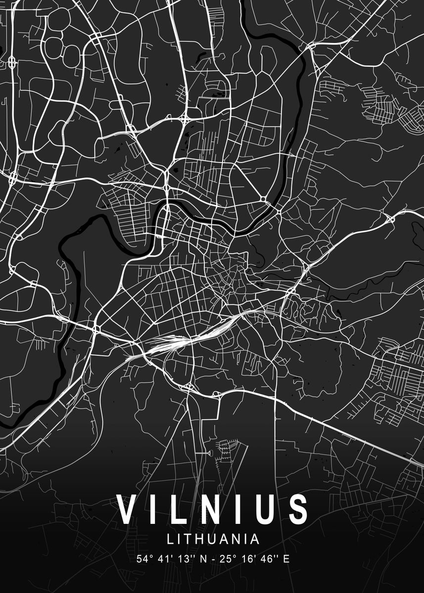'Vilnius Dark Map' Poster, picture, metal print, paint by DesignerMind ...