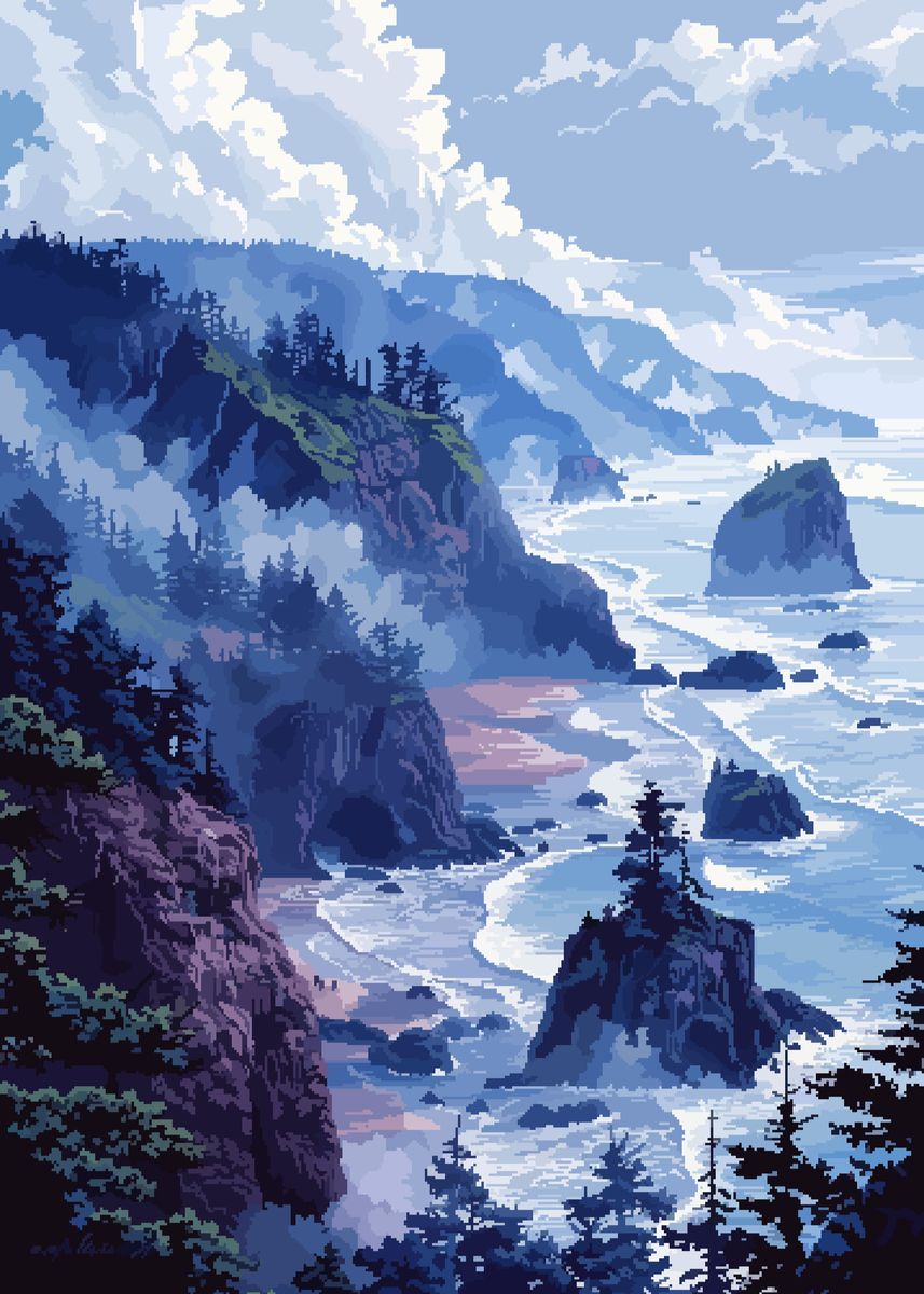 'Pacific Cliffs Pixel Art' Poster, picture, metal print, paint by LVTFCO | Displate