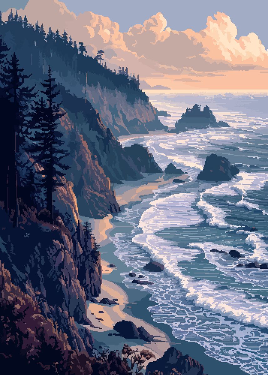 'Pacific Cliffs Pixel Art' Poster, picture, metal print, paint by LVTFCO | Displate