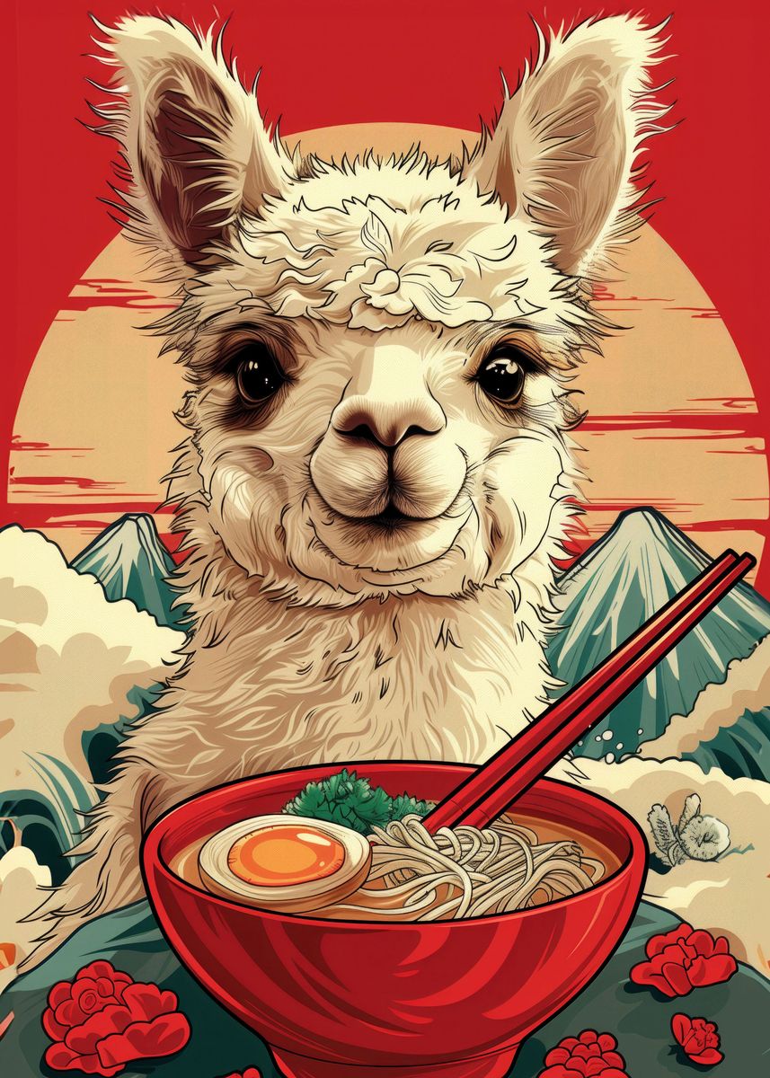 'A cute lama and ramen' Poster, picture, metal print, paint by Artsynth ...