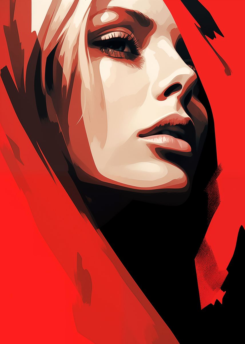 'Red modern female portrait' Poster, picture, metal print, paint by ...