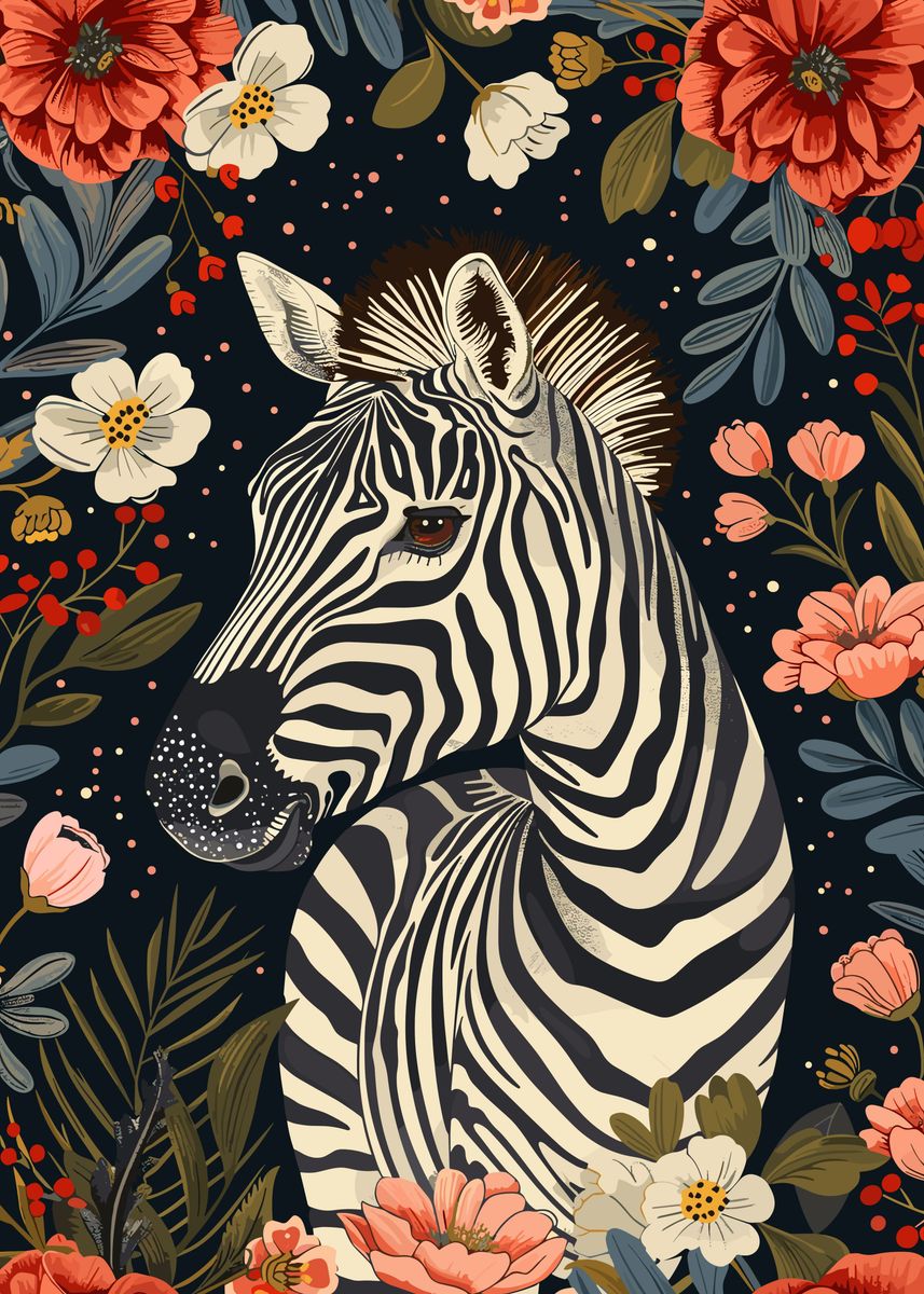 'Zebra Retro Floral' Poster, picture, metal print, paint by Kai Tanaka ...