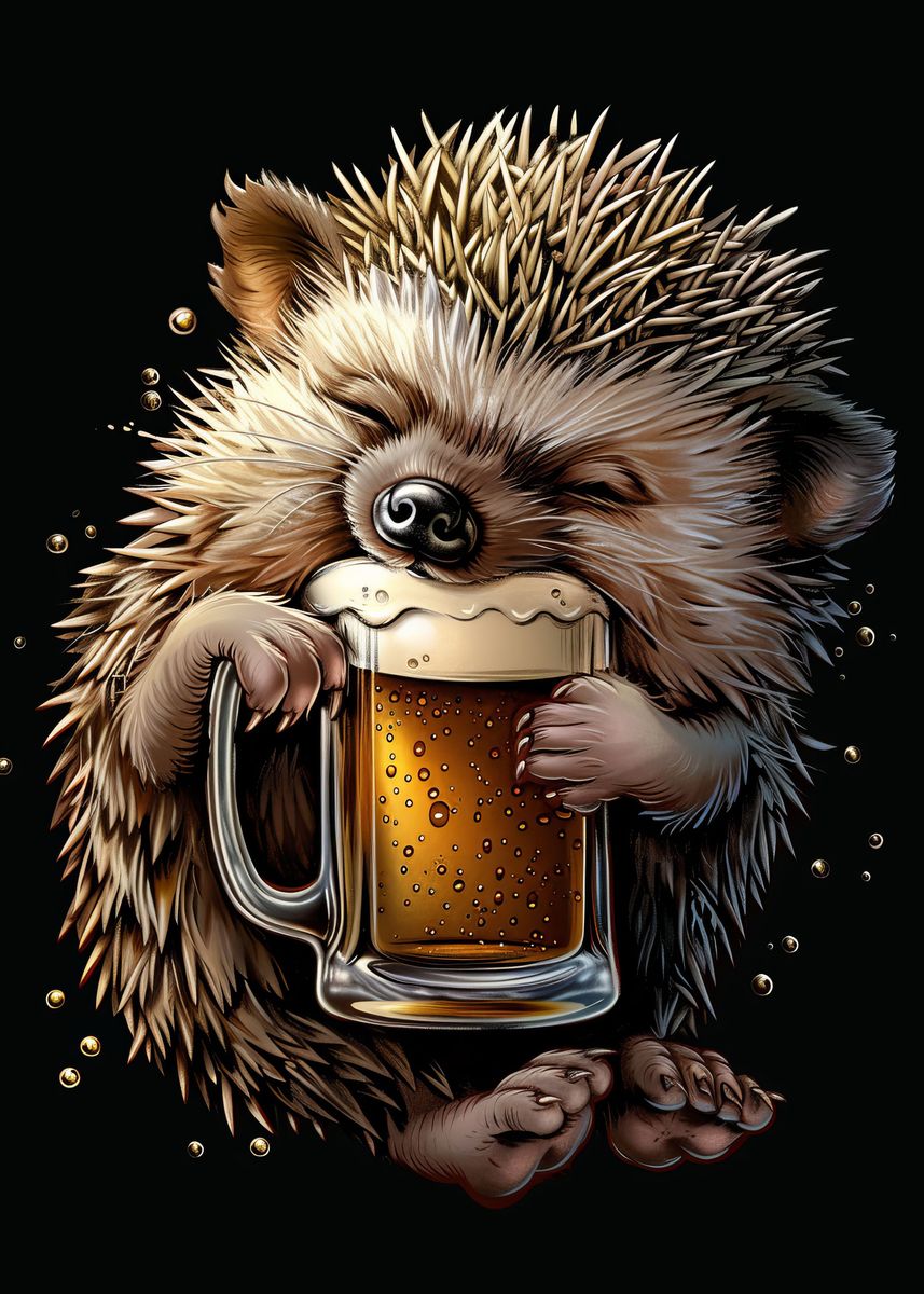 'Hedgehog Beer' Poster, picture, metal print, paint by Hexor | Displate
