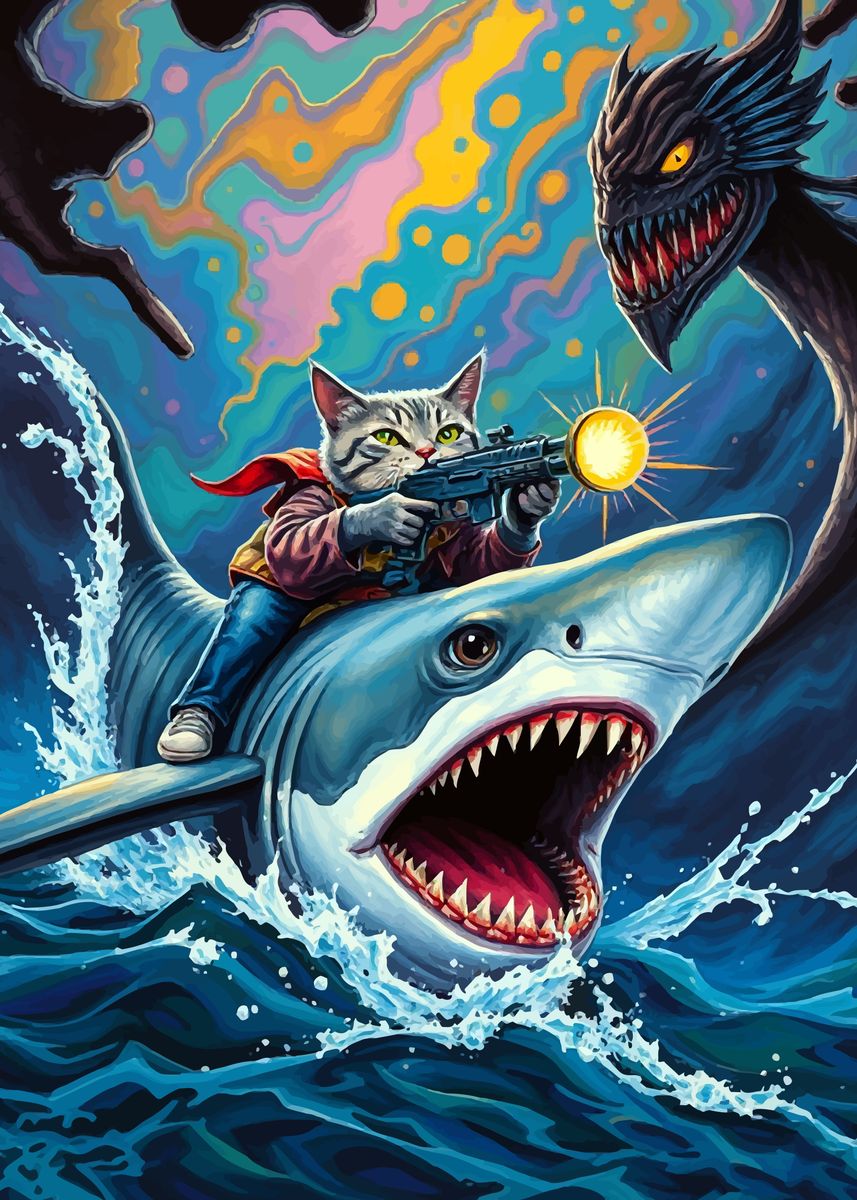 'Cat with Guns riding Shark' Poster, picture, metal print, paint by ...