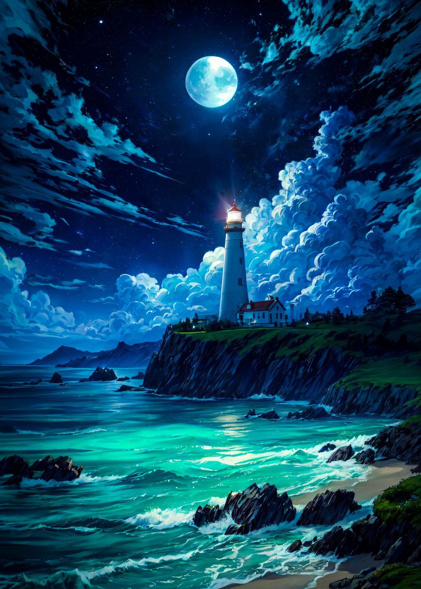 'Lighthouse Fantasy Beach' Poster, picture, metal print, paint by ...