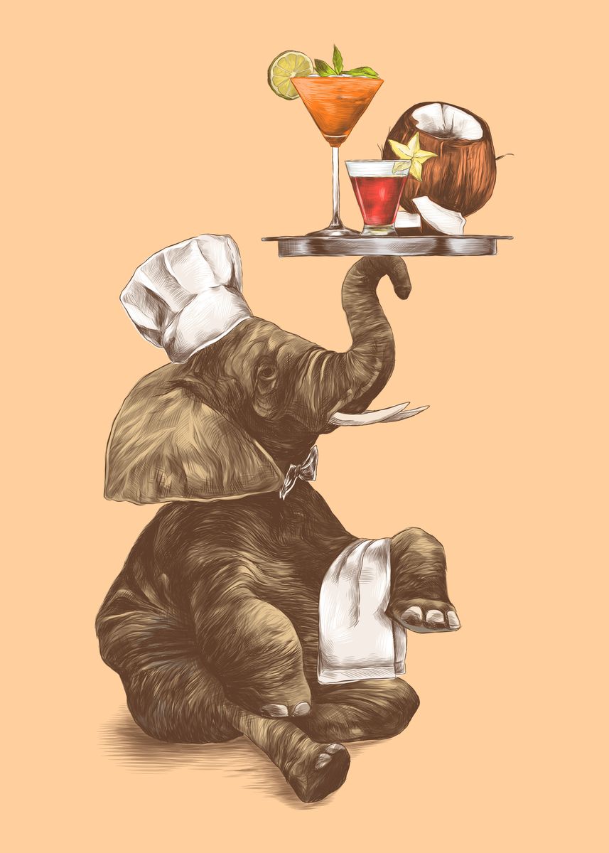 'Elephant Waiter Cocktail' Poster, picture, metal print, paint by ...