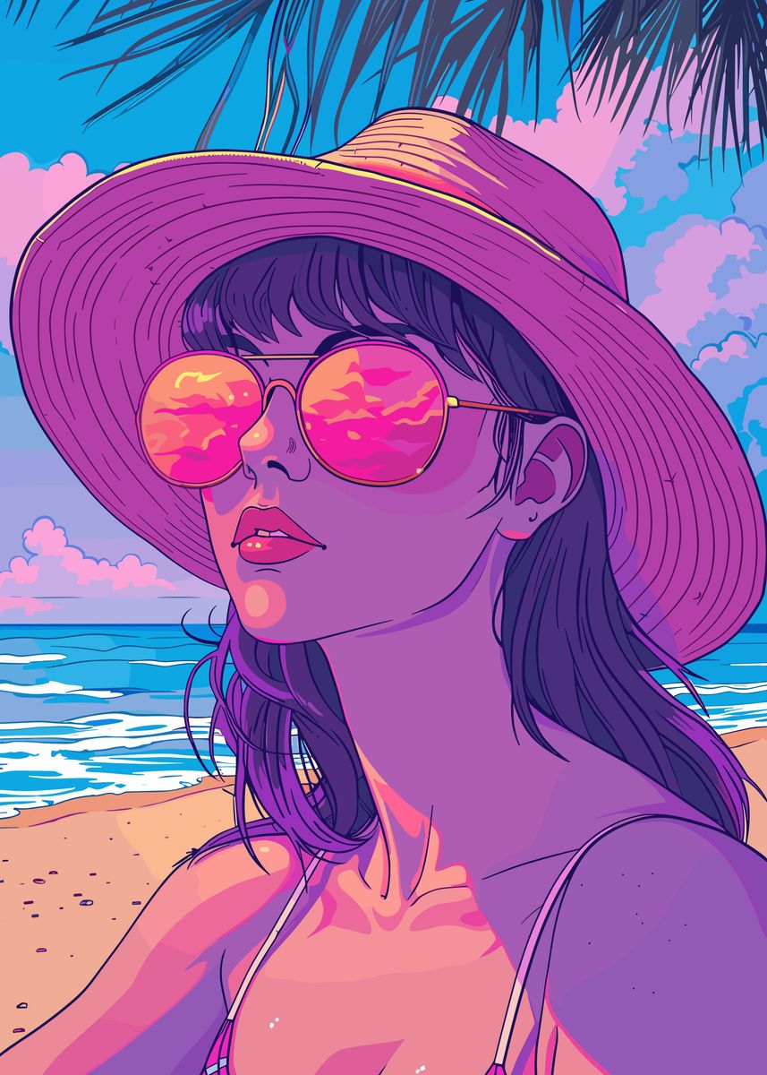 'Girl Beach Lofi Pink Retro' Poster, picture, metal print, paint by Oliver Ben | Displate