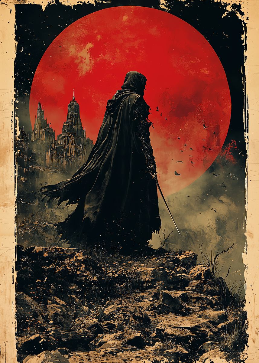 'Dark Figure Under Red Moon' Poster, picture, metal print, paint by ...