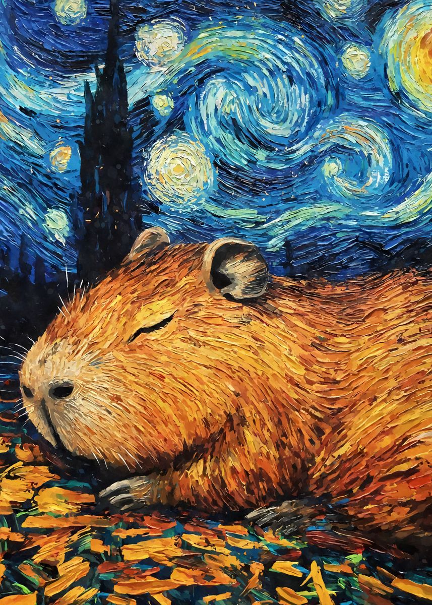 'Capybara Sleeping Starry Night' Poster, picture, metal print, paint by ...