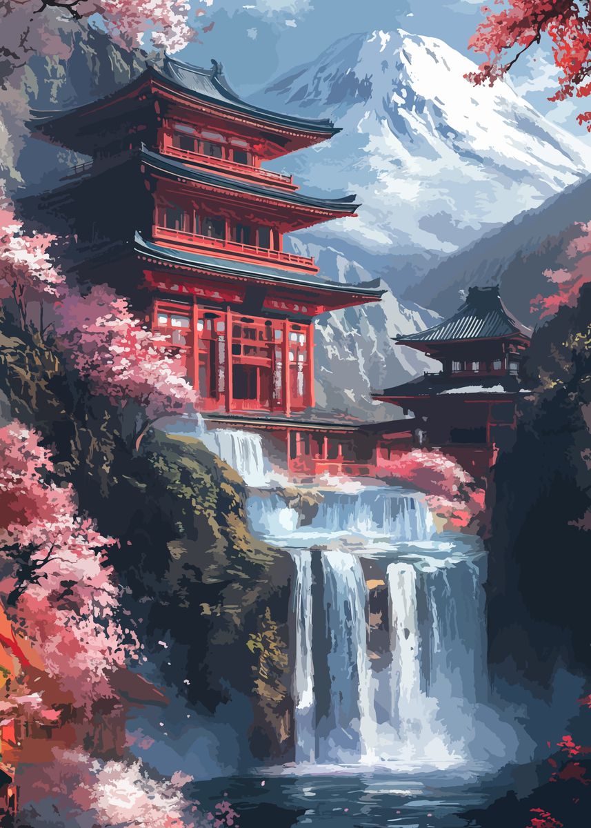 'Japanese Temple Waterfall' Poster, picture, metal print, paint by ...