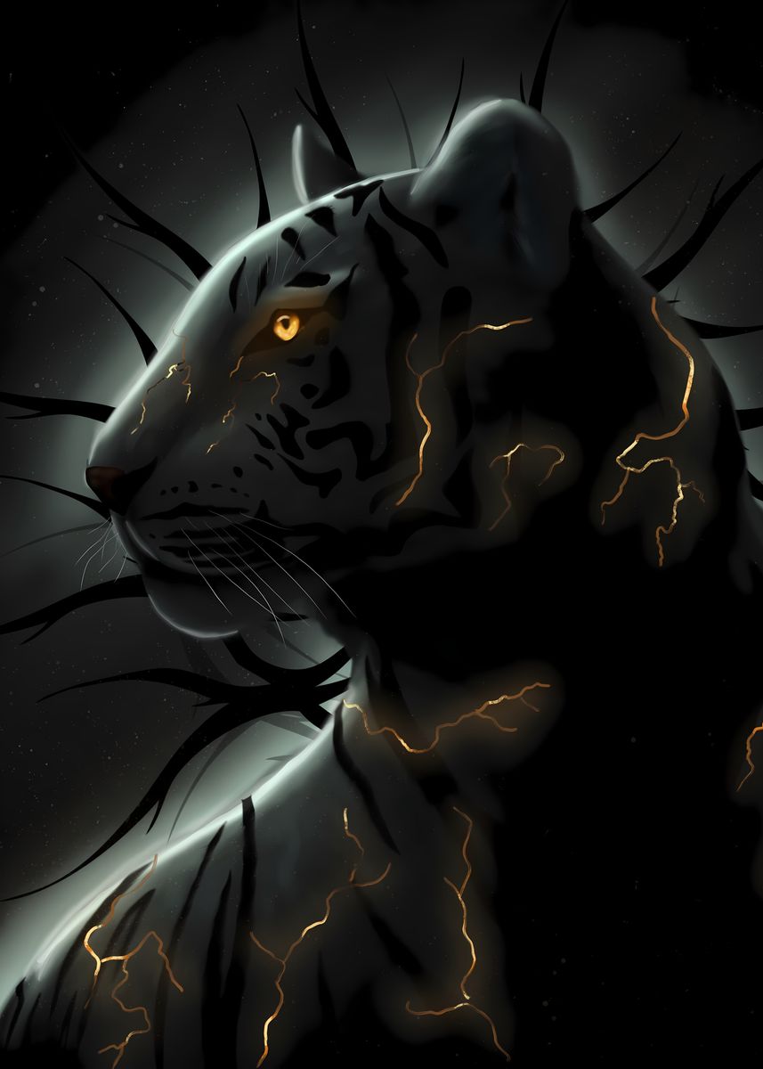 'Black Tiger with Golden Lightning' Poster, picture, metal print, paint ...