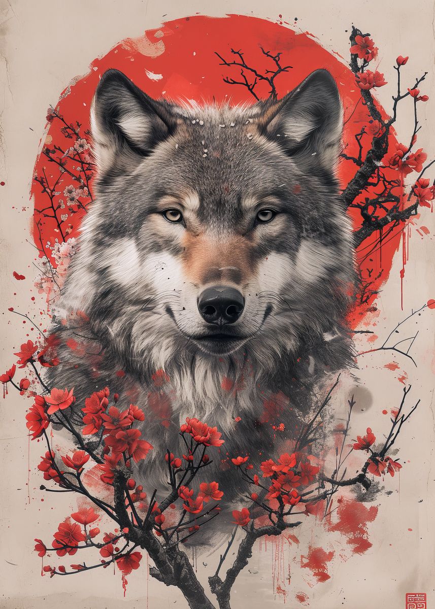 'Wolf with Cherry Blossoms Japanese' Poster, picture, metal print ...