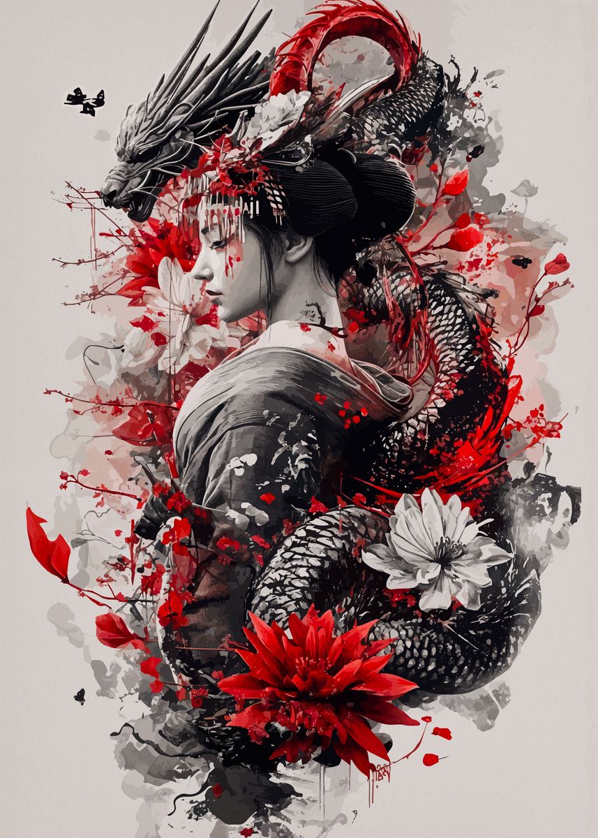 'Geisha dragons ' Poster, picture, metal print, paint by Darien Conley ...
