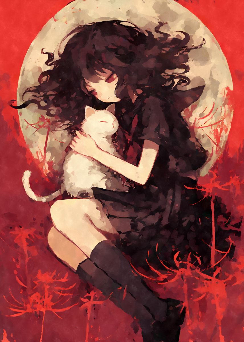 'Anime Girl Cuddling With Cat' Poster, picture, metal print, paint by ...