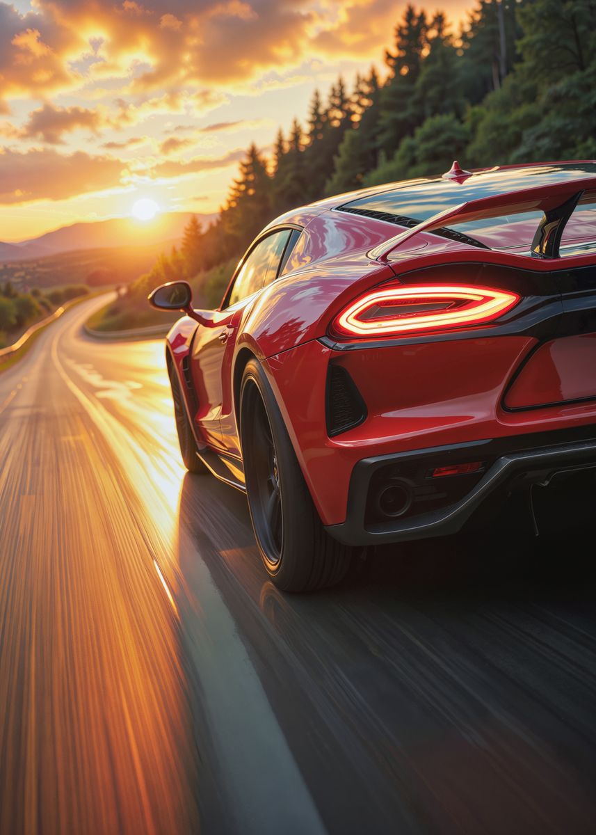 'Red Sports Car Sunset Drive' Poster, picture, metal print, paint by ...
