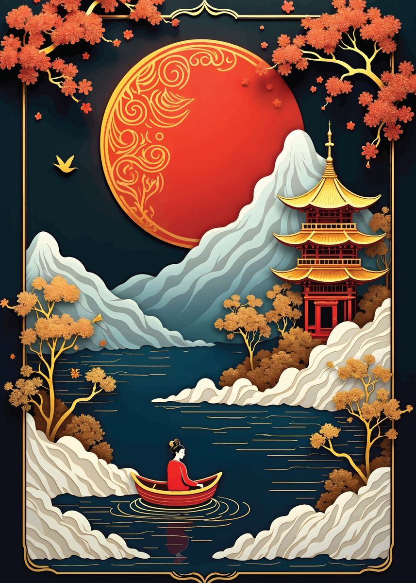 'Red moon Japan Landscape ' Poster, picture, metal print, paint by ART ...