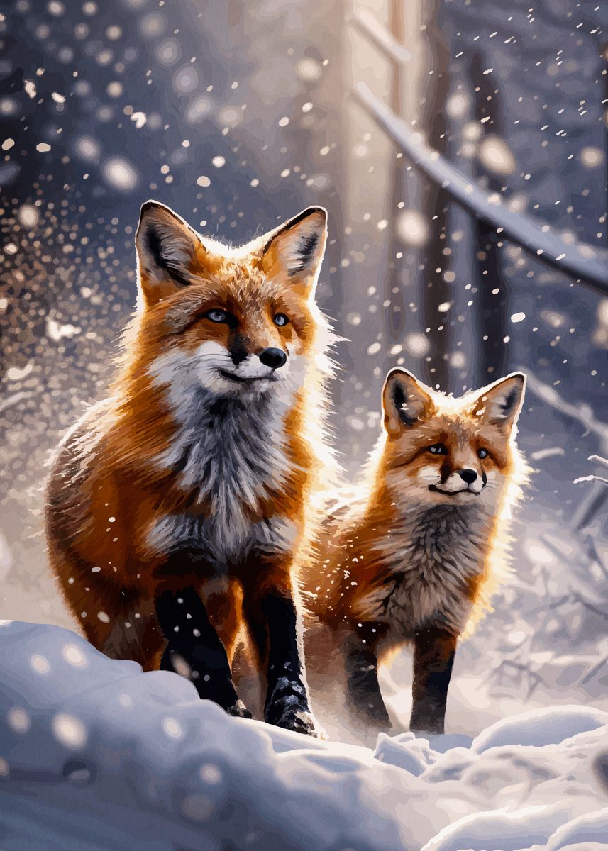 'Red Foxes in Winter' Poster, picture, metal print, paint by ...