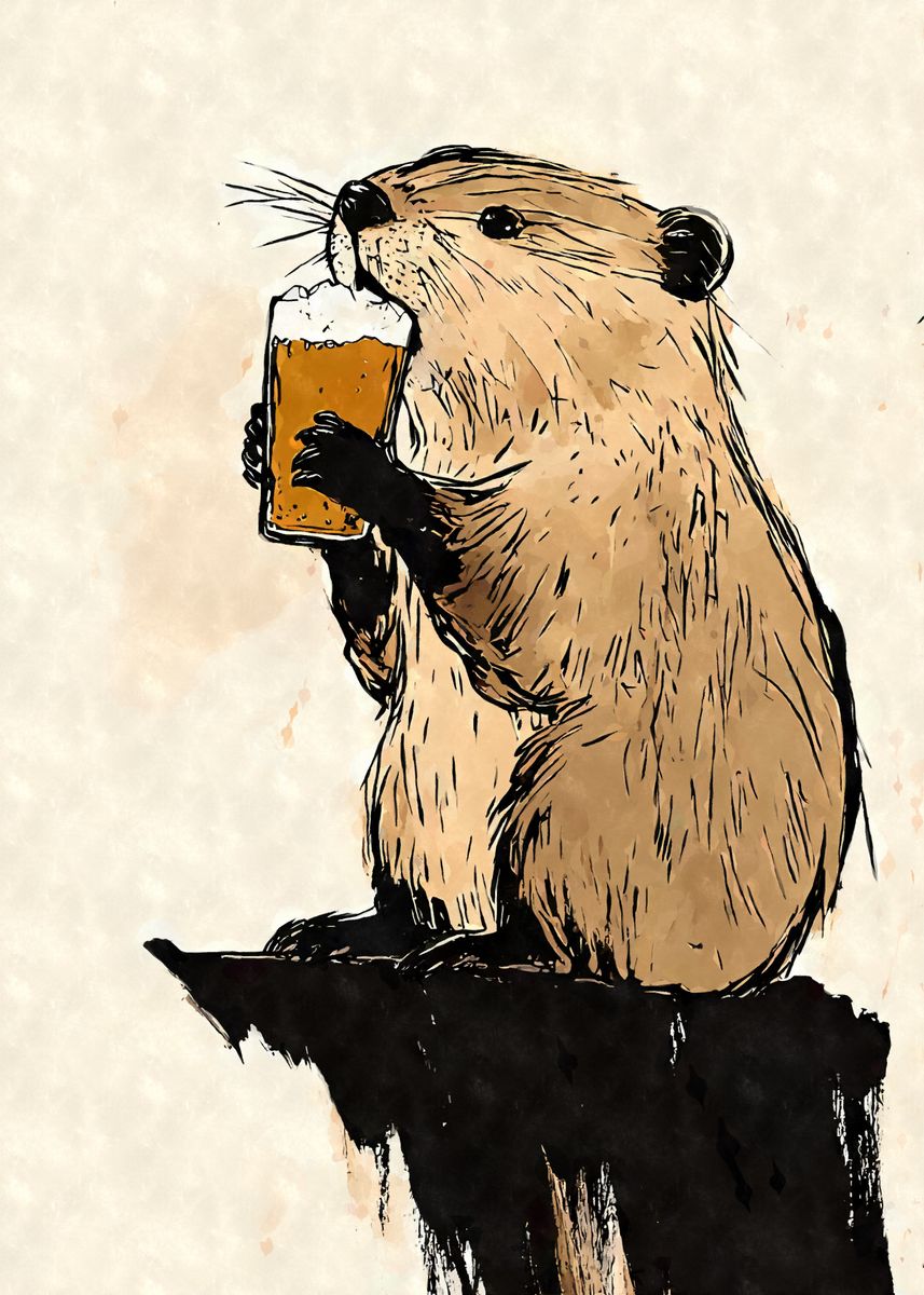 'Beaver Drinking Beer Sumi-e' Poster, picture, metal print, paint by ...