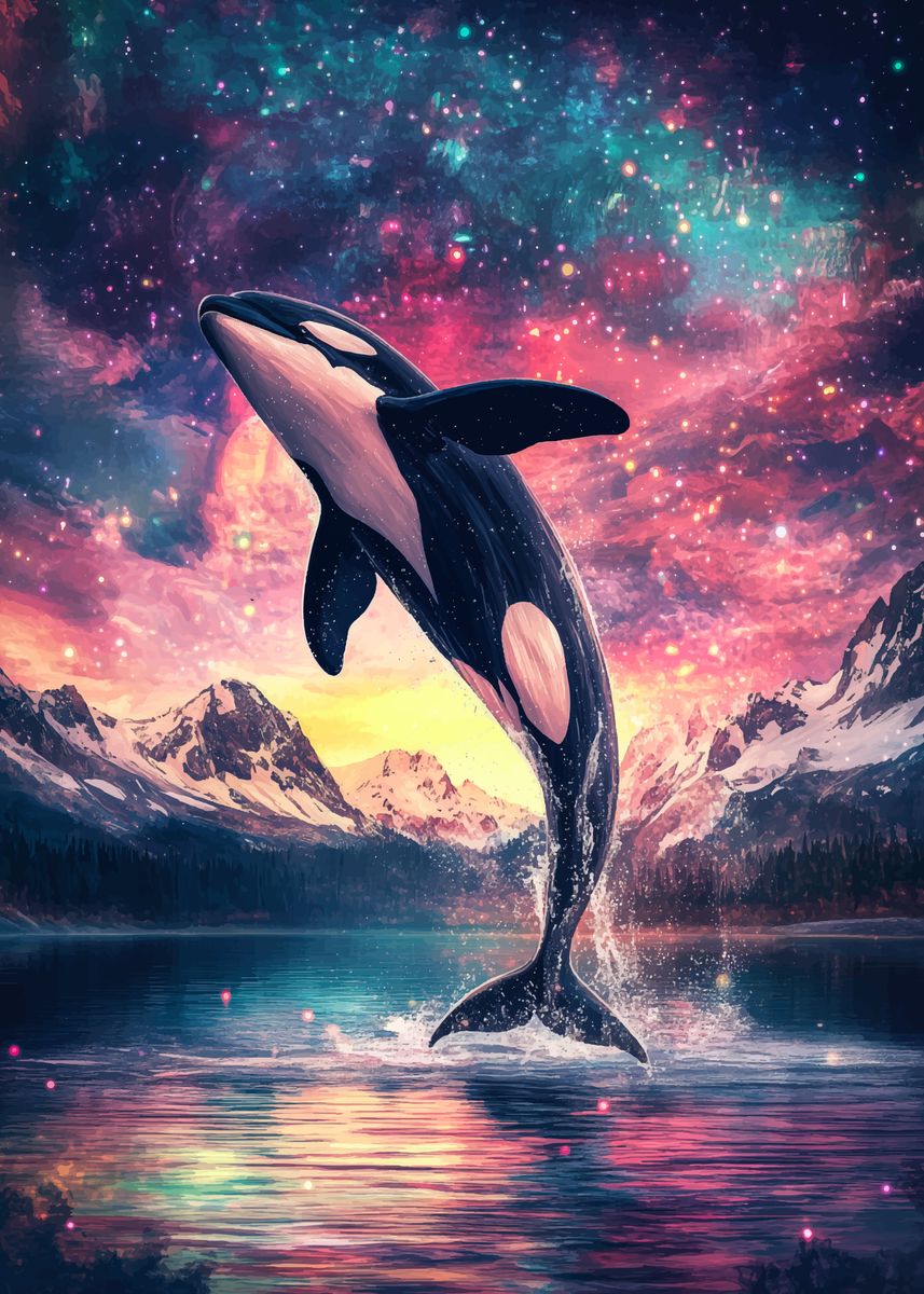 'Orca Leaping into the Stars' Poster, picture, metal print, paint by ...