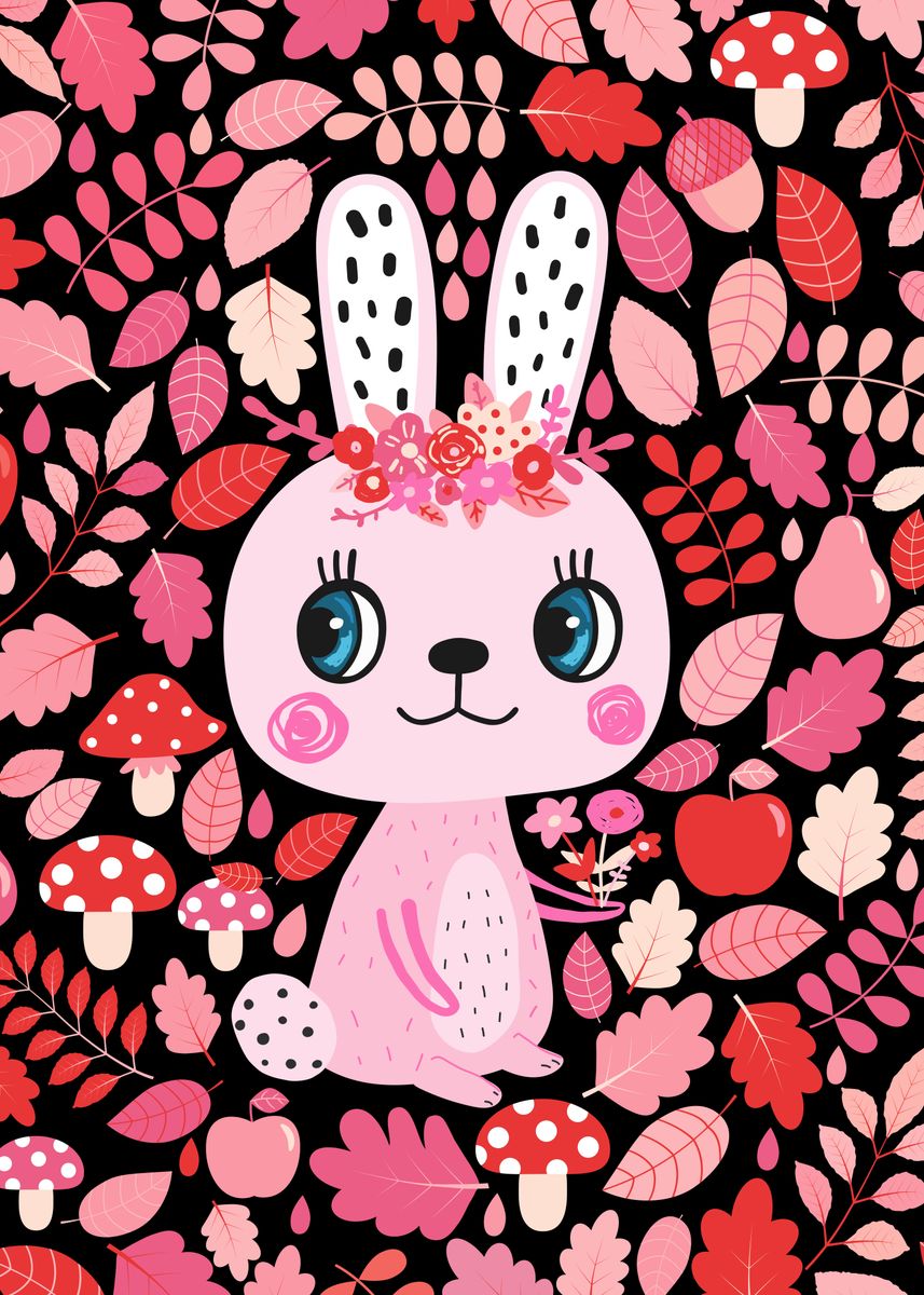 'Cute Pink Bunny Animal and Autumn Leaves, Kawaii Pet Rabbit' Poster ...