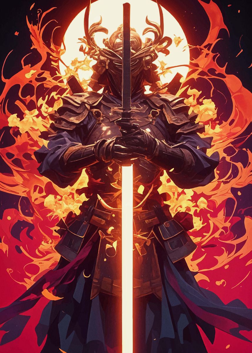 'Samurai Flaming Sword Japan ' Poster, picture, metal print, paint by ...