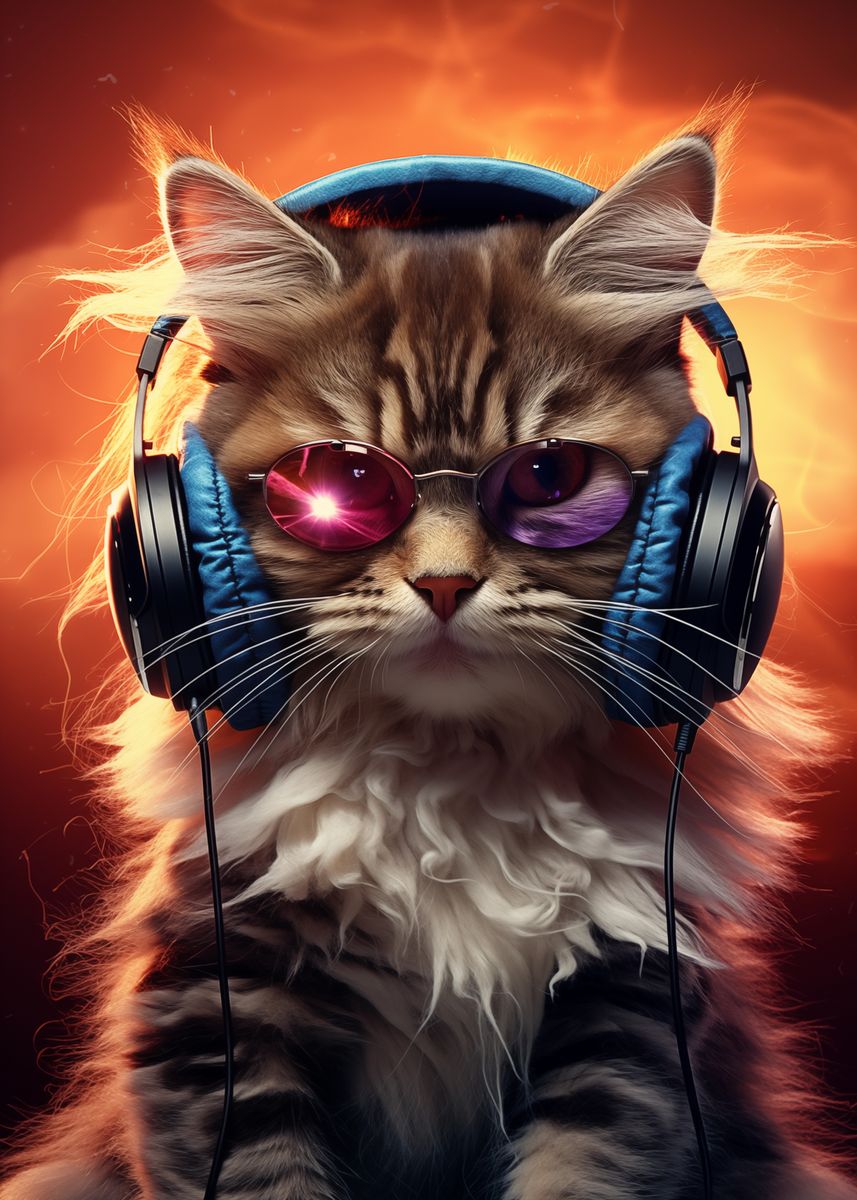 'Cool Cat with Headphones' Poster, picture, metal print, paint by Mana ...