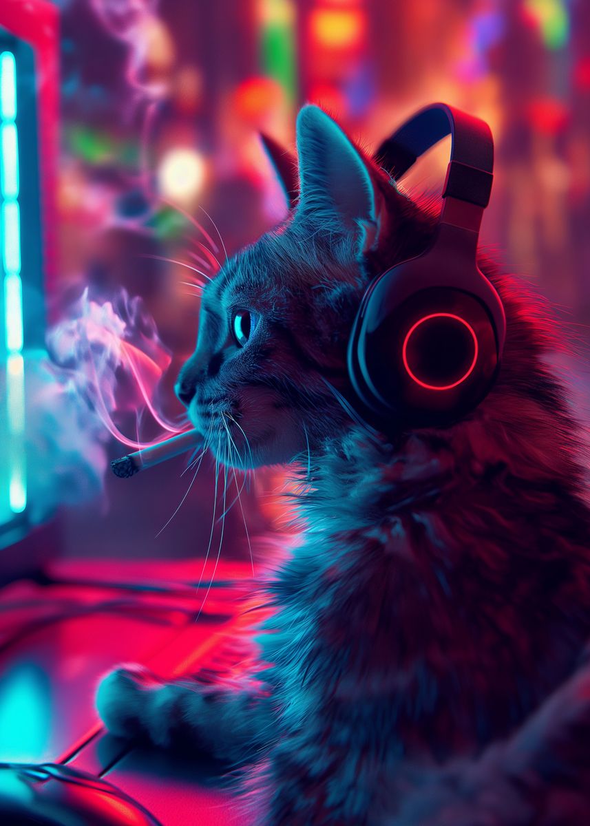 'Cyberpunk Gamer Cat Smoking' Poster, picture, metal print, paint by ...