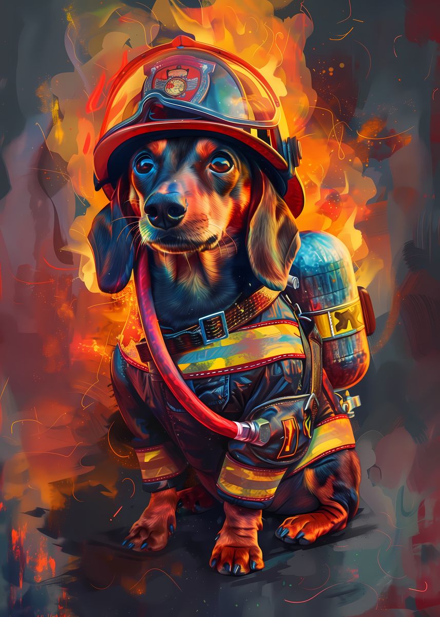 'Firefighter Dachshund' Poster, picture, metal print, paint by ...
