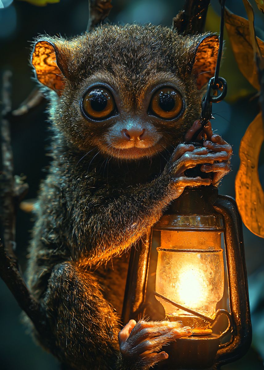 'Tarsier Holding Lantern' Poster, picture, metal print, paint by ...