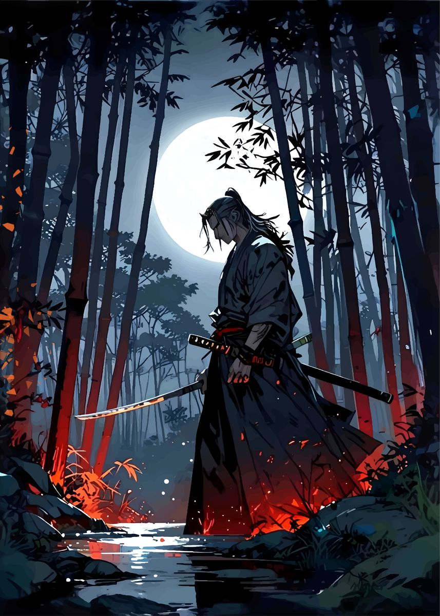 'Samurai in Moonlight katana' Poster, picture, metal print, paint by ...