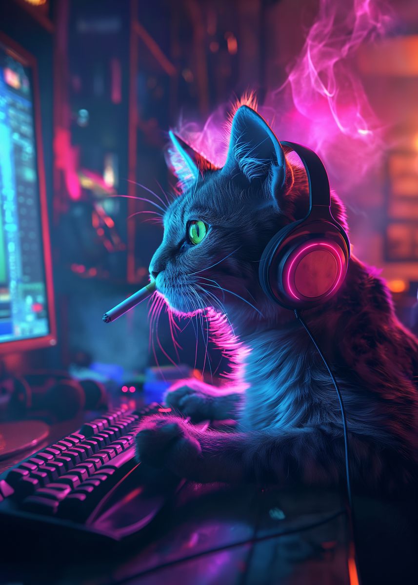 'Smoking Gamer Cat with Headphones' Poster, picture, metal print, paint ...