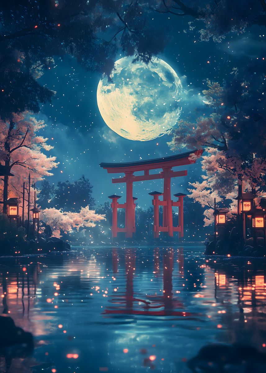 'Japanese Moonlit Torii Gate Japan Night' Poster, picture, metal print ...