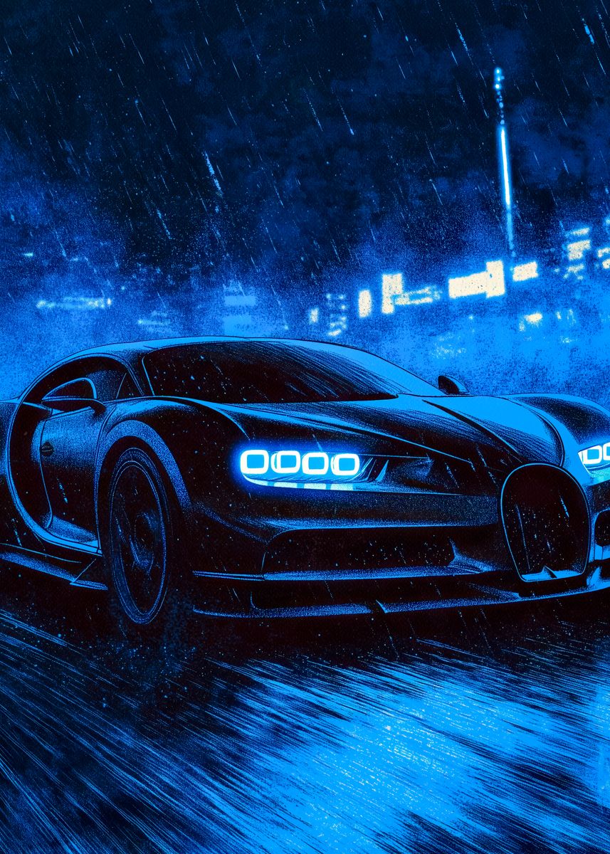 'Blue Bugatti in the Rain' Poster, picture, metal print, paint by The ...