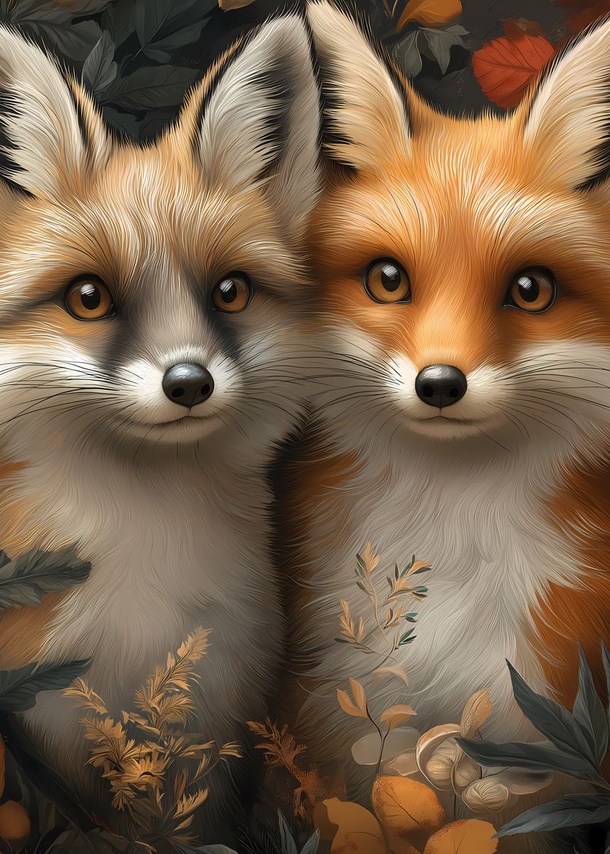 'Two Foxes in Autumn' Poster, picture, metal print, paint by PENGDUA ...
