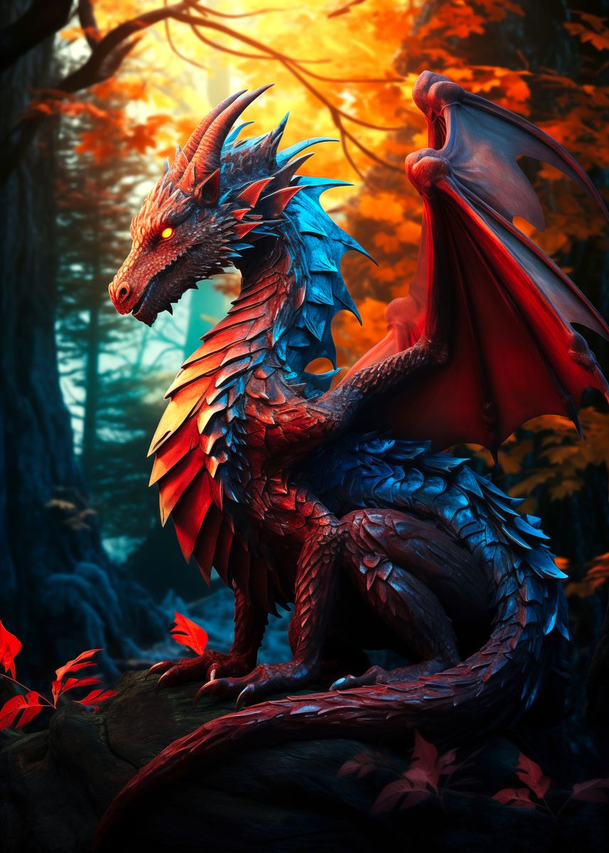 'Majestic Dragon in Forest' Poster, picture, metal print, paint by Wanderlight Studios | Displate