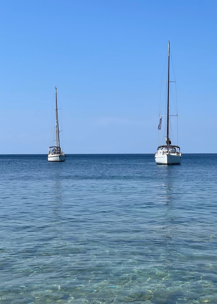 'Two Sailboats at Sea - Greece' Poster, picture, metal print, paint by Andrei Ionut Tudor | Displate