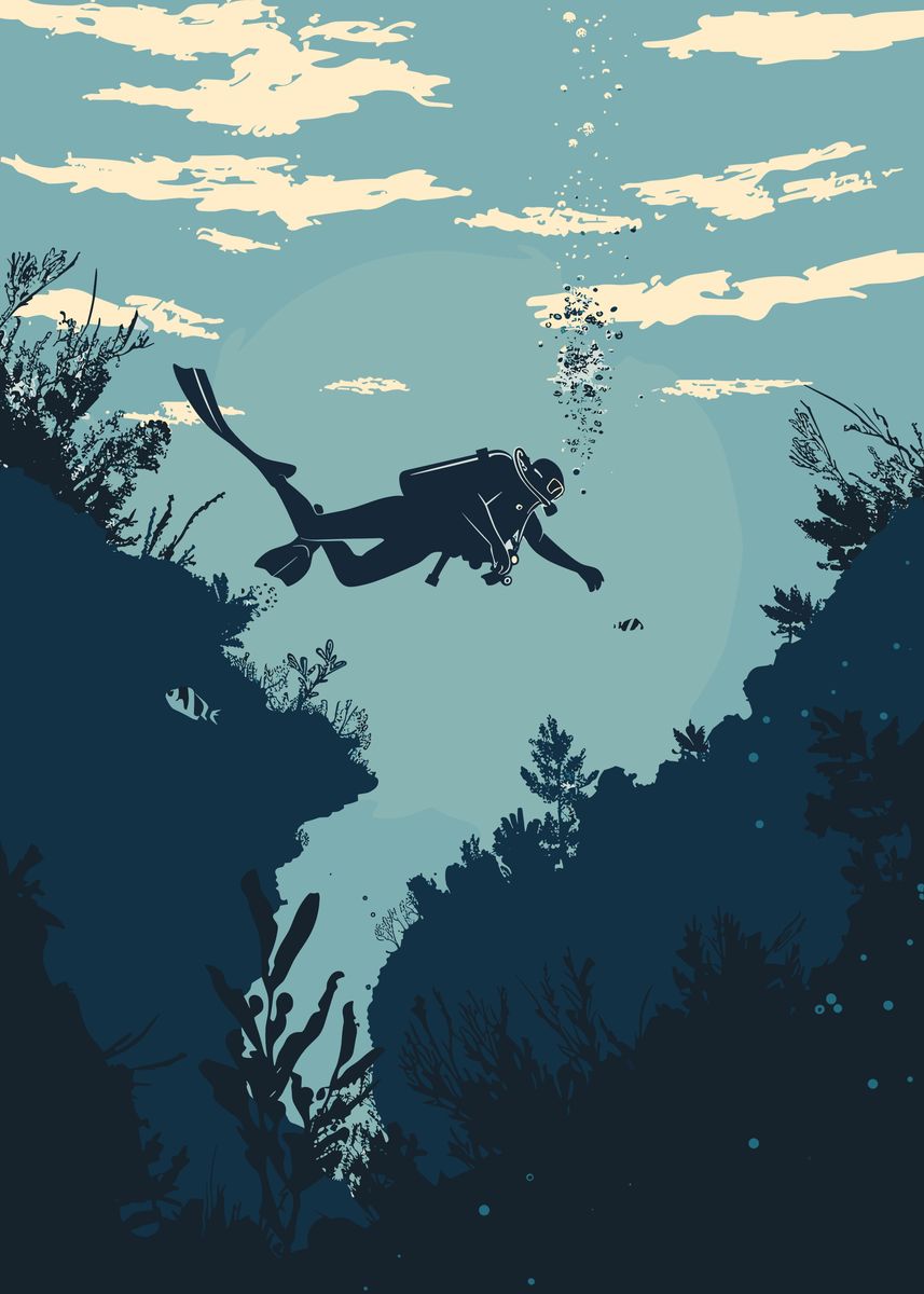 'Diver Diving Illustration' Poster, picture, metal print, paint by Mesh ...