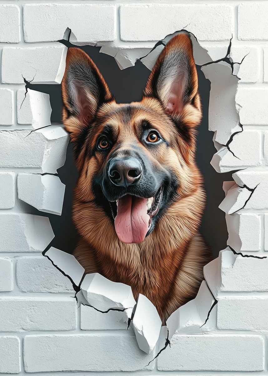 'German Shepherd Breaking Through Wall' Poster, picture, metal print ...