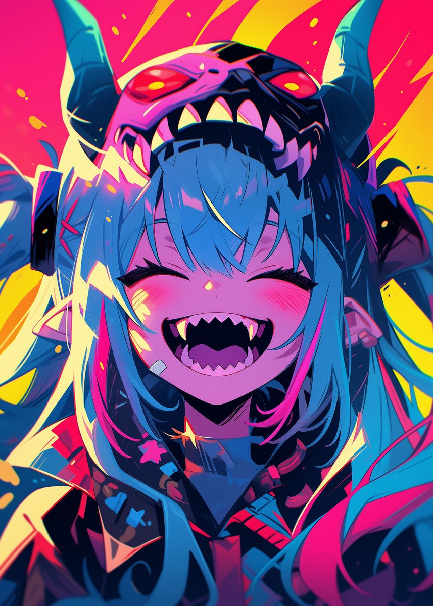 'Smiling Anime Girl with Demon Mask' Poster, picture, metal print ...