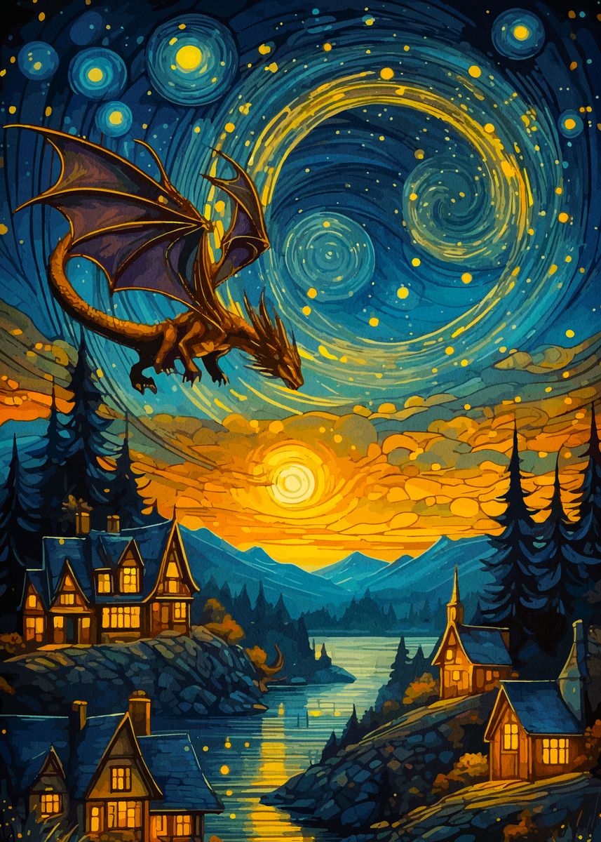 'Dragon in Starry Night' Poster, picture, metal print, paint by Patsy ...